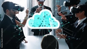 Skilled manager using VR glass to connect cloud data storage server with hologram of big data and digital screen flowing while team programing system. Cloud and security data protection. Directorate.