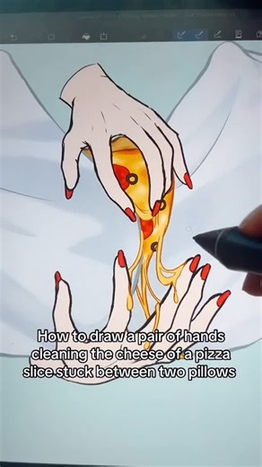 BubooSenchan on Instagram: "How to draw a pair of hands cleaning the cheese of a pizza slice stuck between two pillows 🧀❤️🥴 #digitalart #arttutorial #howtodraw #clipstudio #artadvice #illustration #reels #anime #drawing #art #reelart #reelsart #artwork #arttips #digitaldraw #instaart #clipstudiopaint"