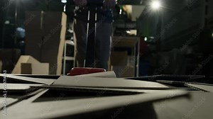Factory worker guides truck filled with cardboard boxes. Loader uses hand pallet stacker to convey packages containing goods