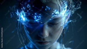 Medical visualization of a teen girl with closed eyes, seemingly experiencing sensory overload, with glowing blue lights emanating from her head, representing neural activity