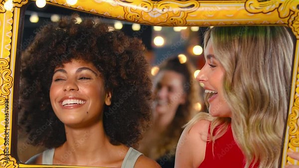 Female friends having fun posing with photo booth photo frame at party in bar - shot in slow motion