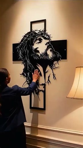 🔥 Μεταλλική διακόσμηση τοίχου με πορτρέτο του Ιησού και σταυρό