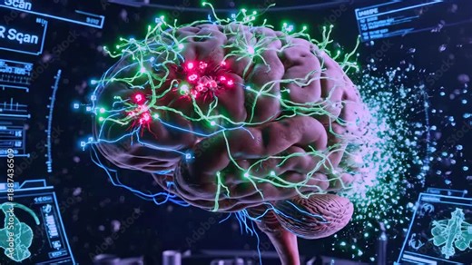 brain cortex and neural networks displayed with glowing synapse hubs and holographic scan, neuroscientist applies targeted stimulation while monitoring activity maps and connectivity changes