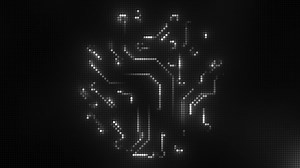 Circuit Board with moving electrons. Motion. Data Flow Loop Background Animation. Artificial Intelligence. Visualization of in Machine Learning.