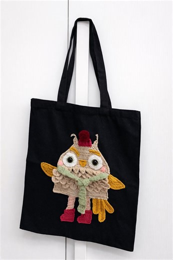 Black Tote Bag – Crochet Owl Applique, Everyday Style (39x34 Cm) - Etsy