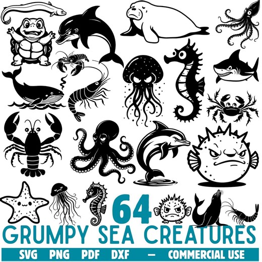 Grumpy Sea Creatures Svg Png Pdf & Dxf Bundle for Cricut Crafts Instant Downloads - Etsy