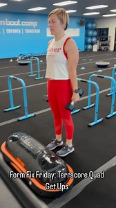 Form Fix Friday: Terracore Quad Get Ups Tomorrow is Full Body Strength day and terracore quad get ups are programmed. Trainer Julia has some form cues to help you get the most out of this movement. ⚡️Start with your feet in front of the Terracore. Angle your dumbbells down and keep your gaze focused ahead for balance. ⚡️Lean back slightly, still bracing your core, as you bend your knees downward and begin to lift your heels off the floor. ⚡️Tap your knees lightly on the top of the Terracore and 