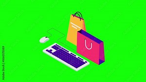 4K Animation of Online Shopping Setup with Keyboard, Mouse, and Shopping Bags – Modern E-commerce Illustration for Digital Retail and Purchase Concepts