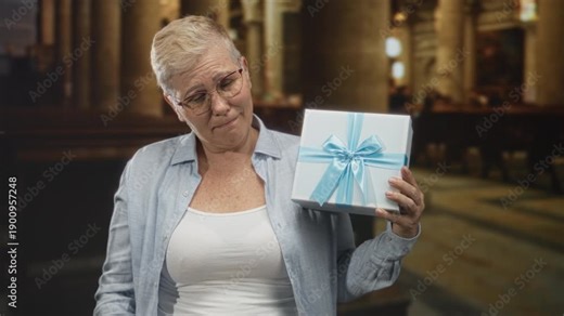Middle aged woman in glasses holds a white gift box with blue ribbon while seated in church pews near altar; doubt offering.