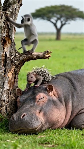 Naughty Baby Monkey Pranks Sleeping Hippo with Porcupine! Painful Wake Up 🐒🦔