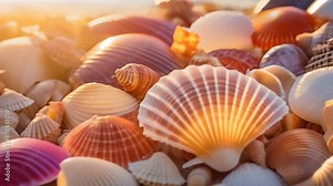A close-up photograph capturing a collection of colorful seashells. The image showcases the intricate patterns and vibrant hues of the shells, highlighting their natural beauty. Stock Video