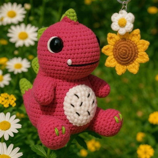 Dinosaur Crochet Kit Bundle: Beginner Pink Dino & Sunflower Keychain - DIY Craft Set - Etsy UK