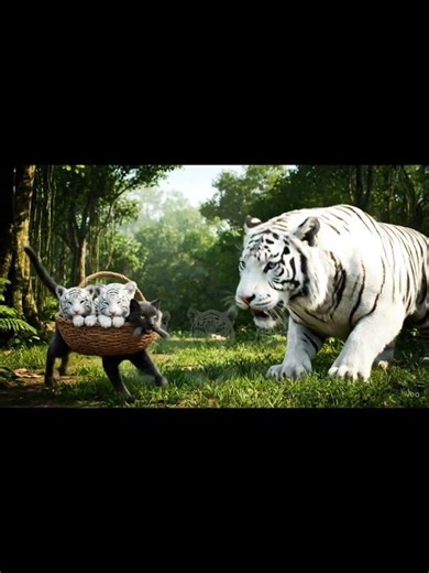 "The tigress ran to save her cub, and the tiger chased after her."