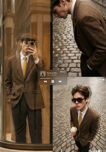 Editorial poster-style multi-panel collage featuring the subject (based on the provided faced reference) across three asymmetrical photographic frames, unified by a muted brown urban streetwear palette with retro noir essence. Frame 1 (left / dominant): The subject is seen through a slightly curved window reflection, holding a phone partially covering the face. Outfit: brown plaid blazer layered over a crisp white button-up shirt, yellow tie, loose dark trousers, and a brown cap. Glass curvature