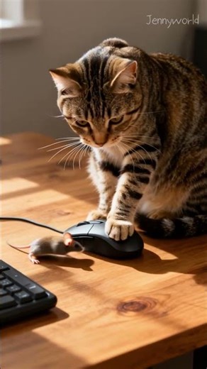 Cat Helps Tiny Mouse Reach Computer
