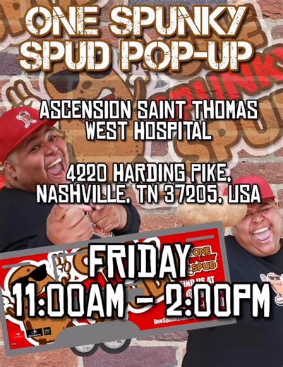 🚨🍠 NASHVILLE—IT’S A SPUD EMERGENCY! 🍠🚨 One Spunky Spud is pulling up for a POP-UP THIS FRIDAY 😮‍💨🔥 📍 Ascension St. Thomas West Hospital 🕚 11:00 AM – 2:00 PM If you eating a sad sandwich for lunch… cancel it. Immediately. 😂 🥔🔥 THIS FRIDAY’S POTATOES: 🌶️🧀 Chili Cheese Potato 🍗🥓🥗 Chicken Bacon Ranch Potato 🦐🧄🌽 Seafood Boil Potato 🐖🍖 BBQ Pork Potato 🍗🔥 BBQ Chicken Potato 🧈 Plain Jane Potato (simple… but still hittin’) Big spuds. Heavy toppings. No skimpin’. Come hungry, leav