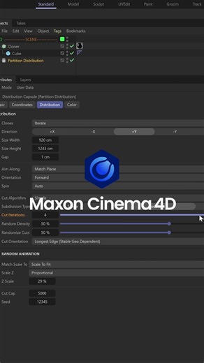 Maxon Cinema 4D on Instagram: "🤩 Take your #Cinema4D scenes from simple to stunning with Advanced Distributions. 🧩 Partition distribution: Fill your space with perfectly fit panels for striking tiled layouts. ⚫ Cannonball distribution: Stack objects into classic pyramid formations in just one click."