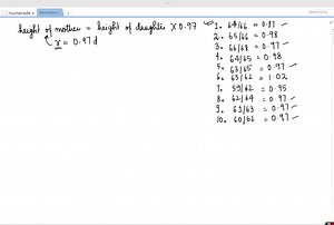 Heights of mothers and daughters a. For the heights data in the file heights.txt, compute the regression of Dheight on Mheight, and report the estimates, their standard errors, the value of the coefficient of determination, and the estimate of variance. Give the analysis of variance table that tests the hypothesis that E( Dheight  | Mheight)=β0 versus the alternative that E (Dheight|Mheight) =β0 β1 Mheight, and write a sentence or two that summarizes the results of these computations. b. Write t