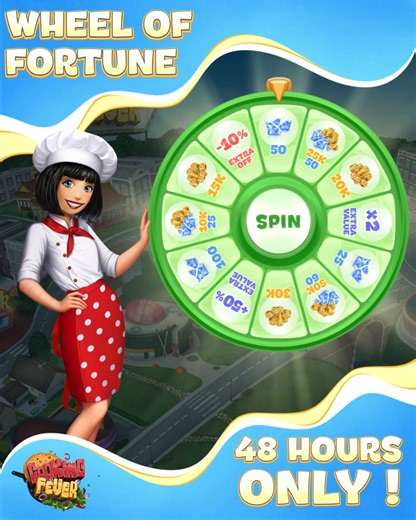 🎡🔥 Chefs, the Wheel of Fortune is back in the Cooking Fever NORDCURRENT STORE! 🔥🎡 You know how it works: spin the wheel, see what extra rewards land on your order, and make a purchase to claim it. Gems, Coins, bonus sweeteners — it’s all up to luck, and every spin is different. ⚠️ Important: the Wheel of Fortune isn’t a free gift — you’ll need to make a purchase in the Nordcurrent Store to unlock your spin and claim your reward. ⏰ And don’t wait too long — the wheel sticks around for 48 hour