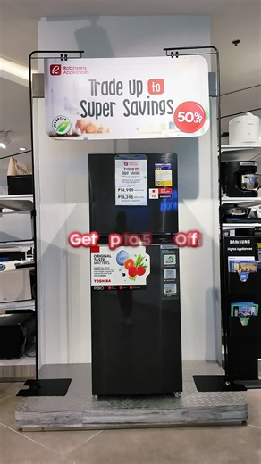 Trade in your old refrigerator and save 50% on a brand-new Toshiba refrigerator. Here’s how to join our Trade-Up Promo: Option 1: Show a photo of your old ref with the serial number clearly visible. Option 2: Trade in five (5) pieces of canned goods. Terms & Conditions: • Accepted types: Personal/Bar Refs, Single Door, Two Door, and Side-by-Side Refrigerators. • Discount applies to the participating model (Toshiba GR-RT416WE-PMY) only. • One (1) trade-in option per transaction (multiple transact