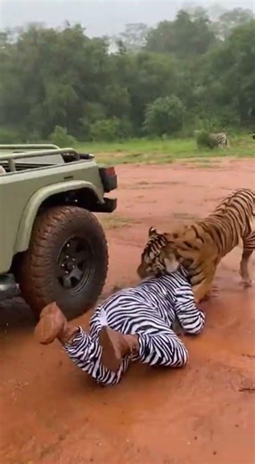 The guide protected the playful zebra man with pure courage and strength