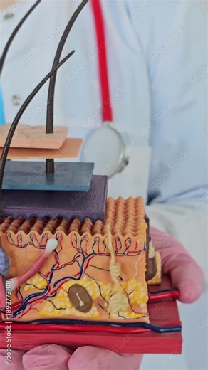 Model shows human skin layers for educational purposes in a classroom setting