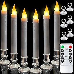 Christmas Window Candles - 9.3in Flameless Taper Candles with Suction Cups Flickering Timer for Halloween Christmas Wedding Home Decor Candlesticks Fireplace (6pcs-Silvery)