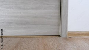 Room indoors. Hinge, jamb and plinth near doorway at the flat