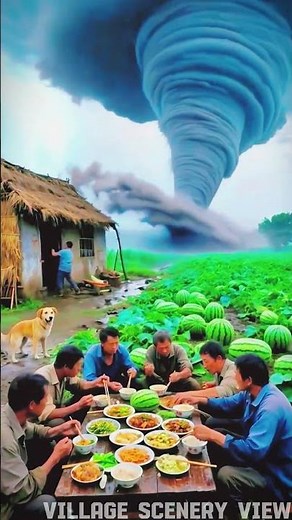 A group of people sitting at a table eating with a large tornado approaching in the background