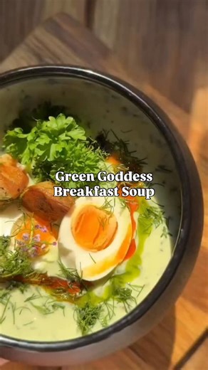 If your stomach prefers warm, savory food in the morning, listen to it and try this 🌱 This classic Green Goddess soup is full of real, nourishing ingredients that actually keep you full and steady all morning Fresh herbs → support digestion, liver function, and natural detox pathways Good oils → help you absorb fat-soluble vitamins and calm inflammation Lemon salt → replenish electrolytes and support stomach acid Jammy eggs → complete protein, choline, and bioavailable nutrients for brain hormo