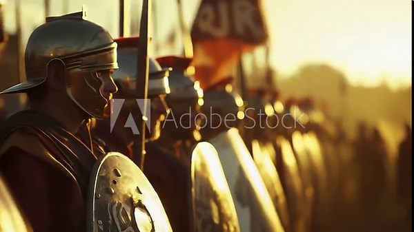 Roman soldiers line up in sunlight with shields. Golden light reflects on armor. Hero knight prepares for battle. Historical soldier formation stands ready. Roman warrior scene in battle armor.