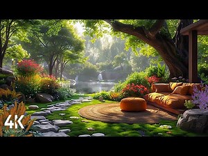 🍒 Spring Garden Magical Ambience - 4K Dreamy | Peaceful Life with Waterfall Sounds & Birdsong Relax