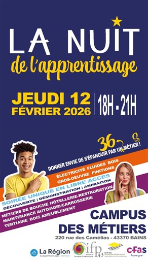 🌙 La 4ème Nuit de l’Apprentissage arrive ! Envie de t’épanouir par un métier ? Viens découvrir l’excellence en Haute-Loire : 📅 Jeudi 12 février 2026 🕕 18H - 21H 📍 220 rue des Camélias, 43370 Bains 🎟️ Soirée unique – Libre accès Zoom sur 10 pôles de formations et 30 diplômes : ✔️ Électricité | Fluides | Bois ✔️ Gros-œuvre | Finitions ✔️ Métiers de bouche | Hôtellerie-Restauration ✔️ Maintenance Auto/Agri/Carrosserie ✔️ Bois-Ameublement | Tertiaire 🔗Toutes les infos sont dans la bio ! #haute