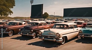 .1950s Drive-In Theater with Classic Cars and Movie Screen Lit Up