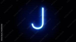 Neon font letter J uppercase appear in center and disappear after some time. Animated blue neon alphabet symbol on black background. Looped animation.
