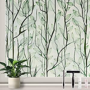 Donox Frosted Glass Window Film Heat Control UV Blocking, Static Cling Reusable Home Bathroom Door Window Privacy Film, Green Leaf Pattern Window Covering with Installation Tool, 23.6 in x 6.5 feet