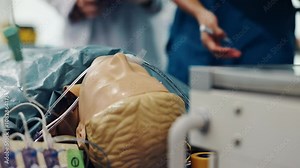 Healthcare, learning and mannequin with people in hospital for patient simulation, medical training and research. Education, consultant and students with cpr dummy in college for doctor report