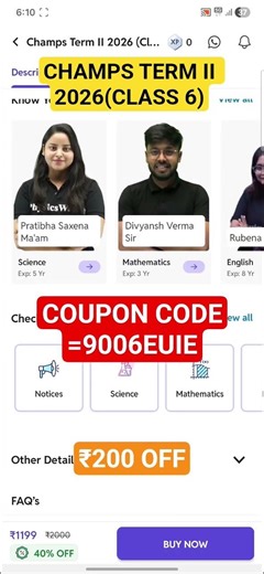 PW CHAMPS 2.0 2026 CLASS 6TH ₹200 OFF CPUPON CODE=9006EUIE, 7070CKQE, 6203UBFE. #pw #physicswallah