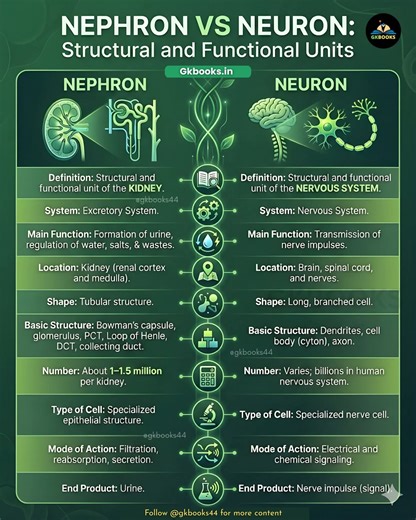 This comparison clearly explains the differences between a nephron and a neuron, focusing on their structure, location, and functions in the human body. It is especially useful for school students, competitive exam aspirants, and quick biology revision based on NCERT concepts. #NephronVsNeuron #HumanPhysiology #BiologyRevision #NCERTBiology #ExamPreparation | InfoPic Notes