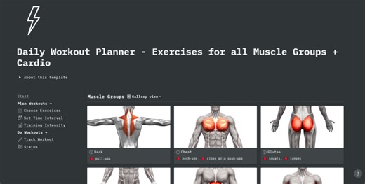 Workout Compass - Daily Workout Template for Notion - Exercises for all Muscle Groups   Cardio