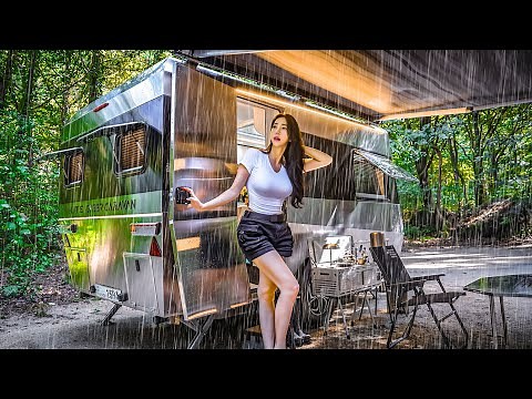 ☔HEAVY RAIN CAMPING IN A LUXURY CYBER CARAVAN