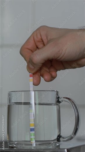 Close up view of hand dipping DIY test strip into clear water in glass mug for analysis of tap water quality, hardness, alkalinity, pH level, chlorine, nitrites, nitrates, cyanuric acid, lead in water