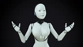 A humanoid robot talking to the camera. The girl robots speak and...