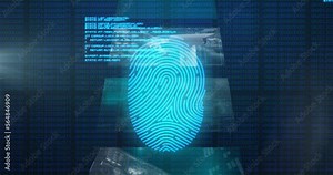 Animation of fingerprint scanning with multiple hud screens, computer language over binary codes Stock Video