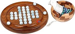 Wooden Marble Solitaire Board Game - Premium Handcrafted Classic Puzzle Marbles, Brain Teaser for Adults & Kids, or Coffee Table Decor (White-Marble)