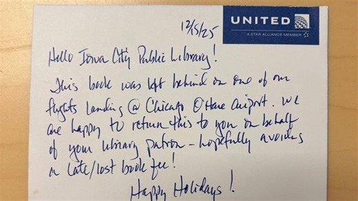Iowa City library book lands safely at home thanks to United Airlines