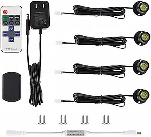 DEDC 4pcs LED Mini Spot Light, 3000K Under Cabinet Lights, Jewelry Model Showcase Display Spotlights for Wine Cabinet/Cupboard/Living Room (Warm White-Remote Control-U.S. Plugs-Base Unslotted)