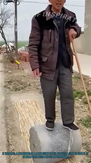 Traditional Skill: Man Uses Stone Roller to Flatten Reeds