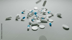 Medical pills falling down. Medicine concept. Treatment many coloured capsules, tablets, pills fall and run around. Concept of medicine and health improvement. 3d rendering