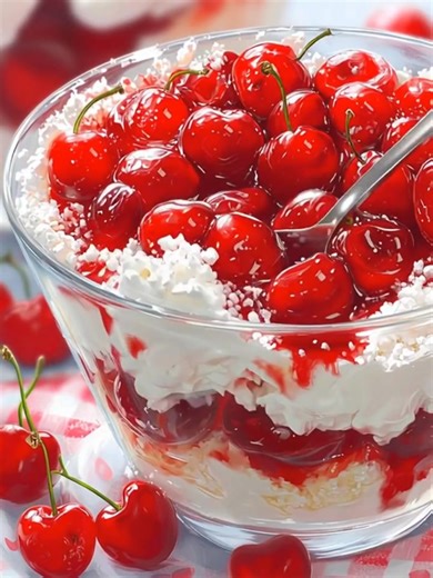 Cherries in the Snow A light and creamy layered dessert with fluffy angel food cake, sweet cherry pie filling, and a cloud-like cream cheese mixture. Yield: 12 servings Temp: Chill in refrigerator Time: 20 minutes (plus chilling) Key Ingredients First: Cream cheese Whipped topping Angel food cake Cherry pie filling | Avani Recipes